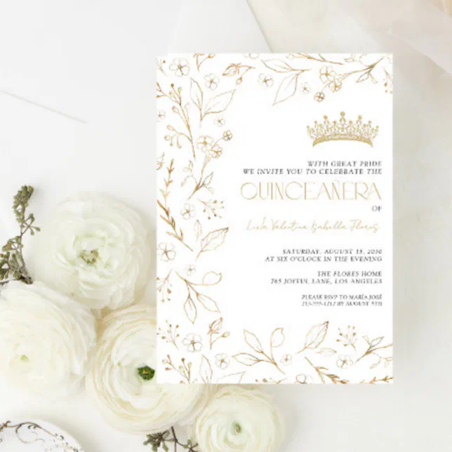 Modern White Gold Rose Floral Tiara Quinceañera Invitation | Zazzle