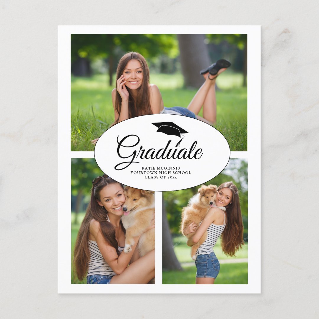 Modern White Graduation 3 Photo Collage Invitation Postcard | Zazzle