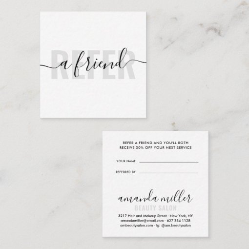 Modern white gray refer a friend script signature referral card | Zazzle