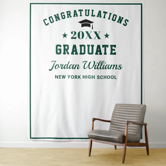 Modern White Green Graduation Photo Backdrop | Zazzle