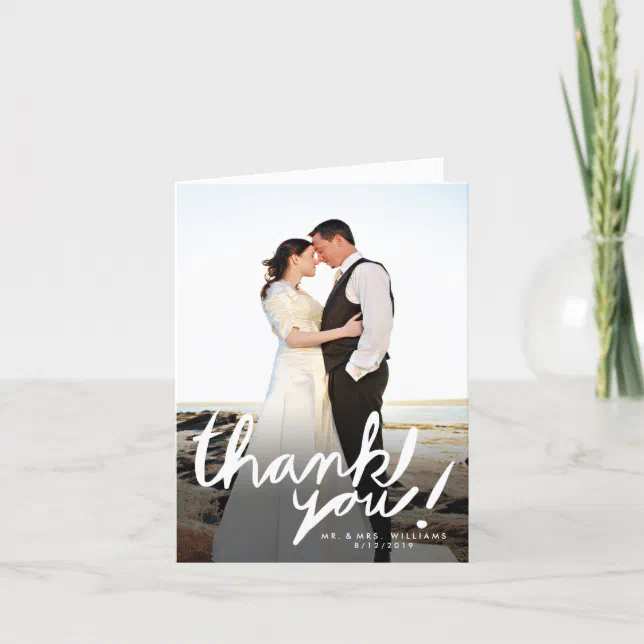 Modern White Hand Script Photo Thank You Card | Zazzle
