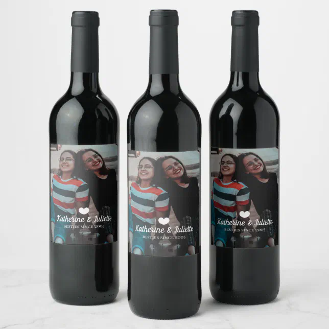 Modern White Heart Best Friend Friendship Photo Wine Label | Zazzle
