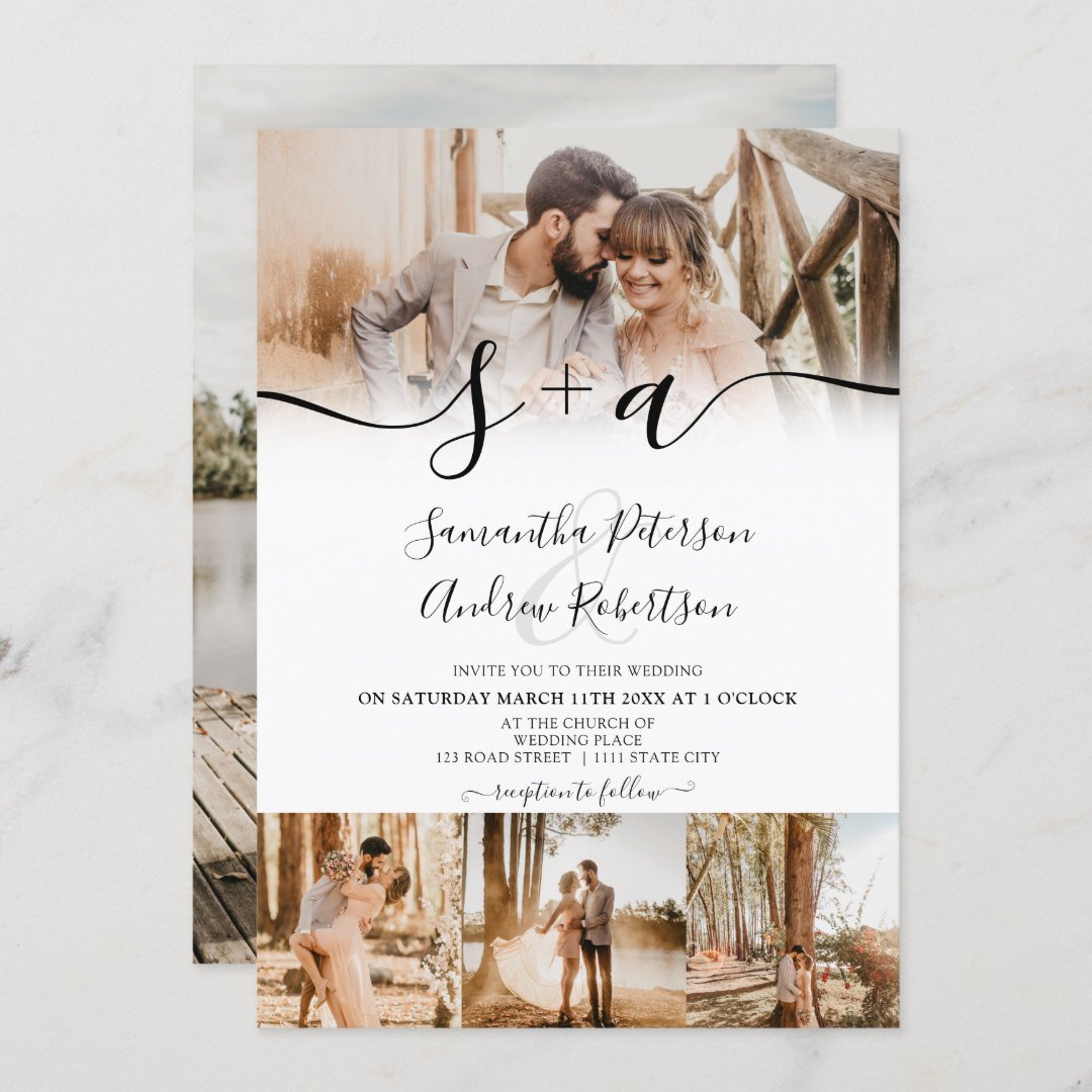 Modern white initials script 5 photos wedding invitation | Zazzle