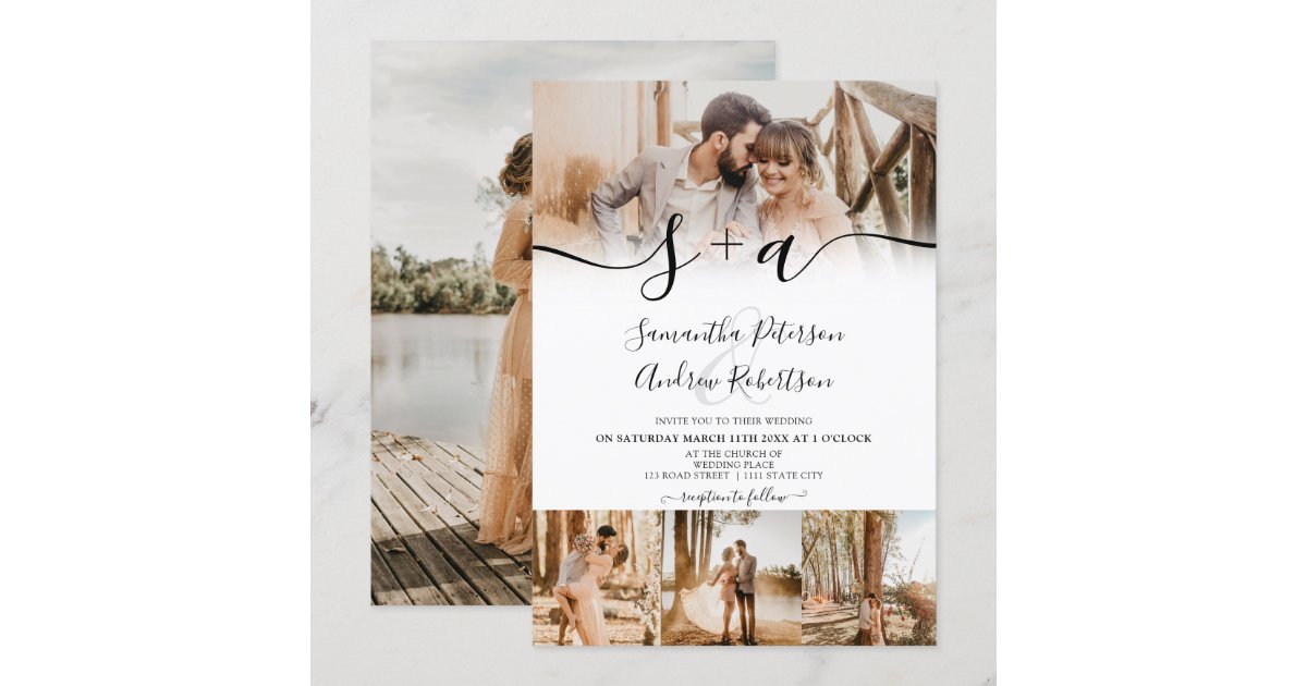 Modern white initials script 5 photos wedding invitation | Zazzle