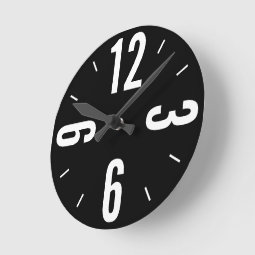 Modern white large numbers on black background round clock | Zazzle