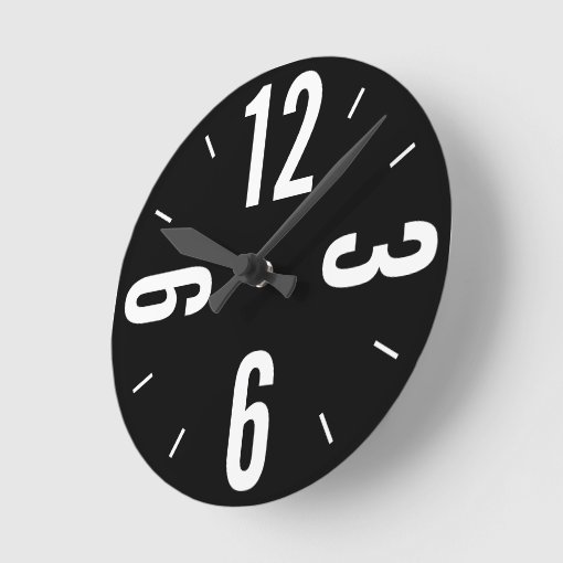 Modern white large numbers on black background round clock | Zazzle