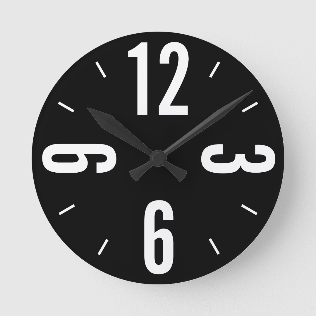 Modern white large numbers on black background round clock | Zazzle