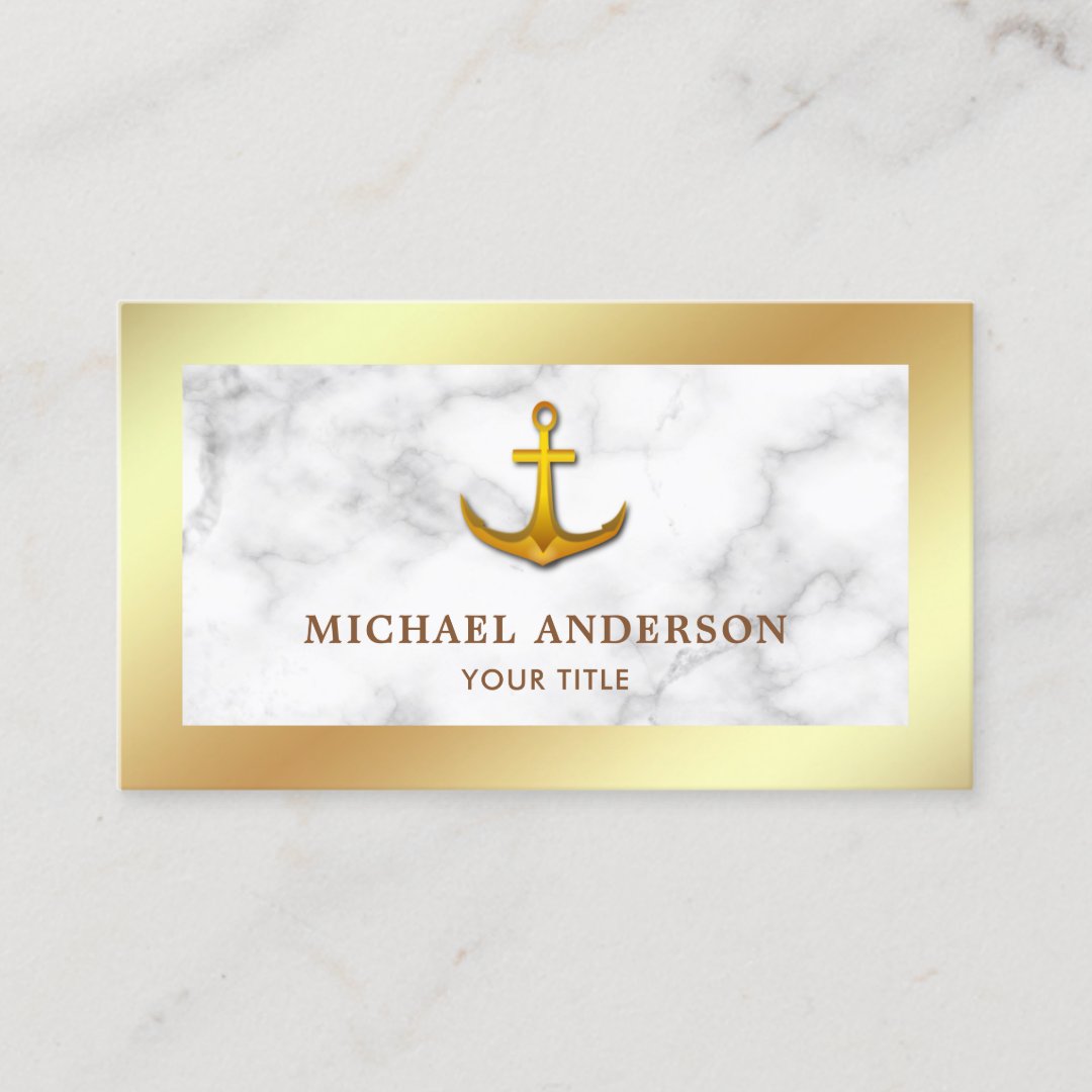 Modern White Marble Faux Gold Foil Nautical Anchor Business Card | Zazzle