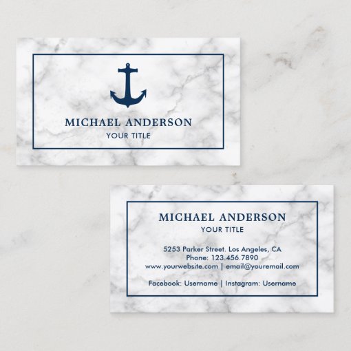 Modern White Marble Navy Blue Nautical Anchor Business Card | Zazzle