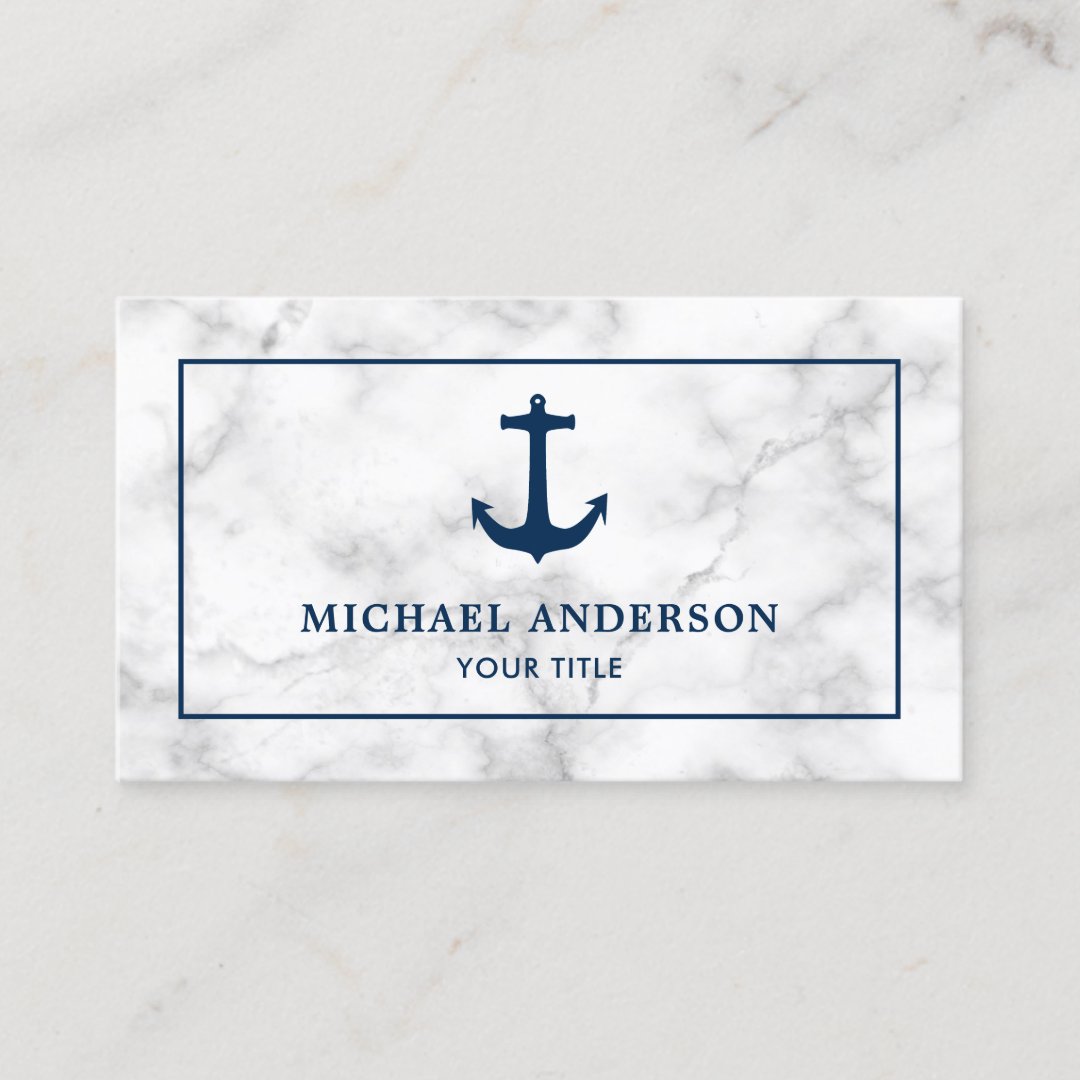 Modern White Marble Navy Blue Nautical Anchor Business Card | Zazzle
