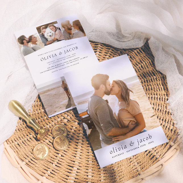 Modern White Minimalist Elegant 5 Photos Wedding Invitation | Zazzle
