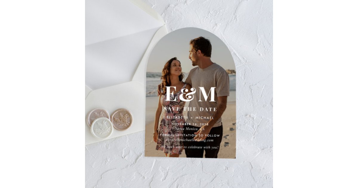 Modern White Monogram Arch Photo Save The Date Acrylic Invitations | Zazzle