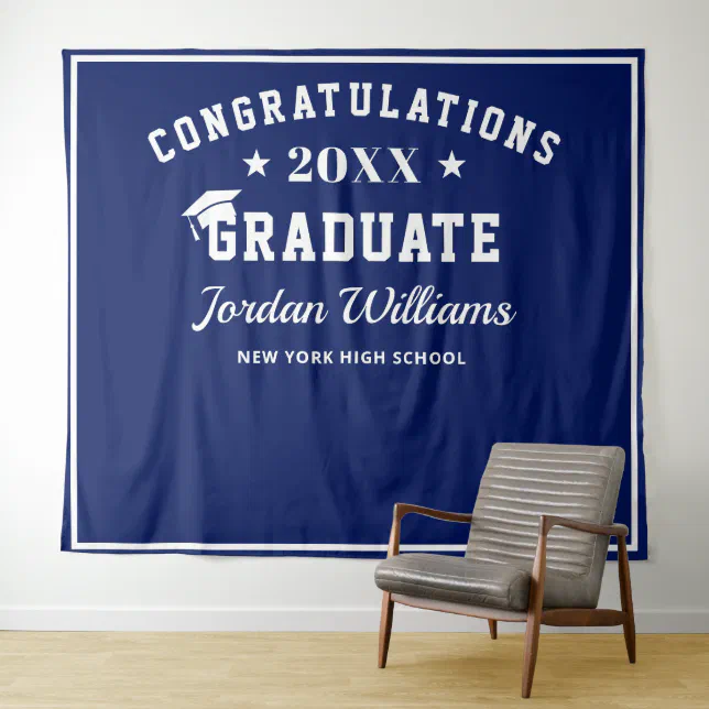 Modern White Navy Blue Graduation Photo Backdrop | Zazzle