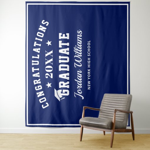 Modern White Navy Blue Graduation Photo Backdrop | Zazzle