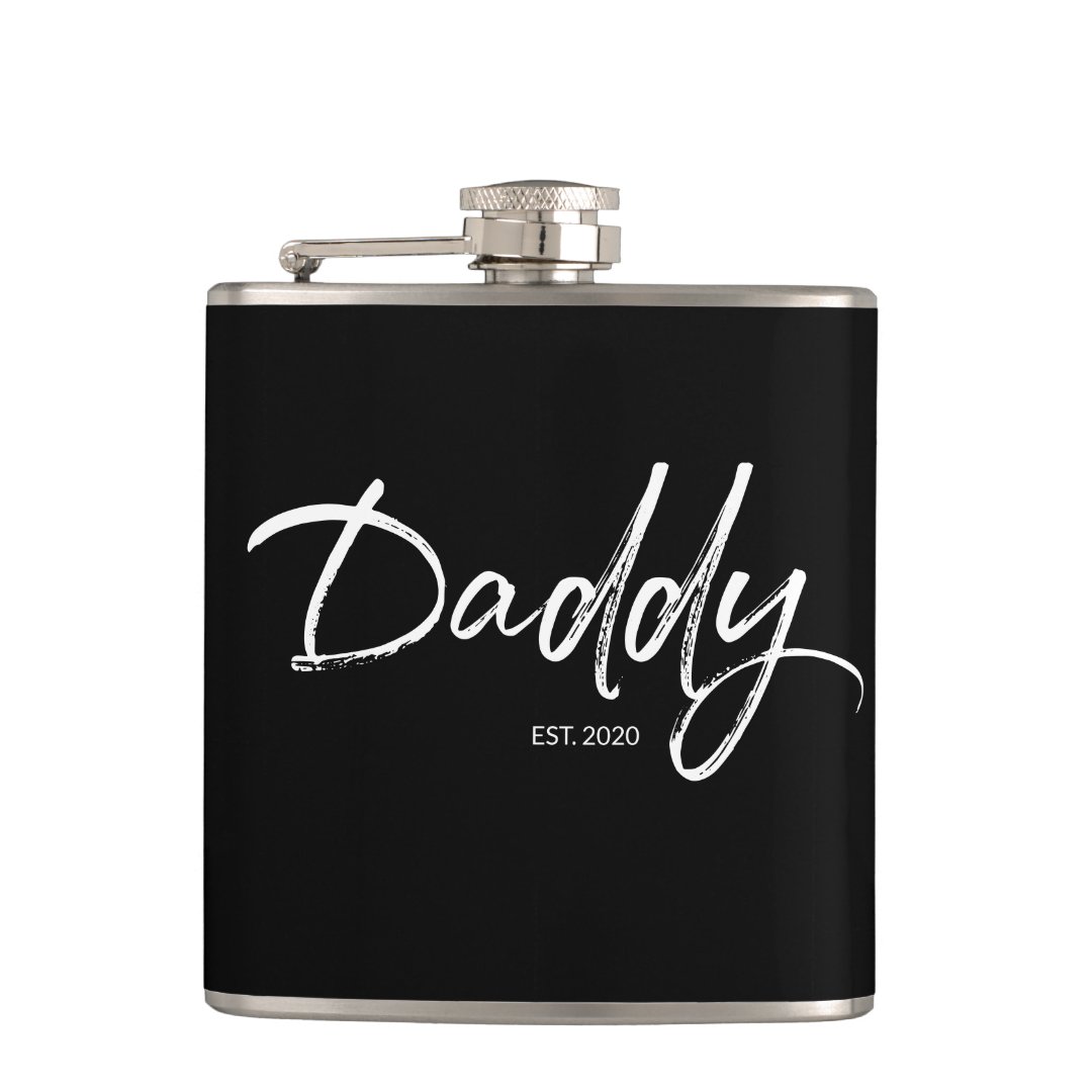 Modern White on Black Daddy Script Custom year dad Flask | Zazzle