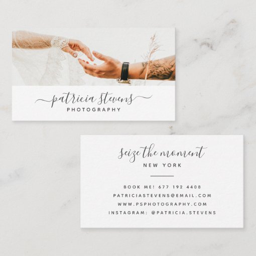 Modern white photographer script typography photo business card | Zazzle