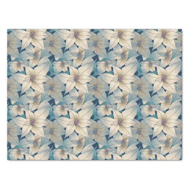 Modern White Poinsettia Christmas Blue Pattern Tissue Paper | Zazzle