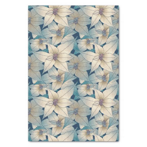 Modern White Poinsettia Christmas Blue Pattern Tissue Paper | Zazzle