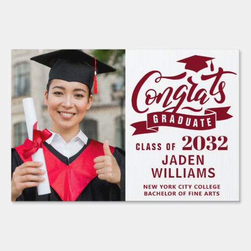 Modern White Red PHOTO Graduation Banner Yard Sign | Zazzle