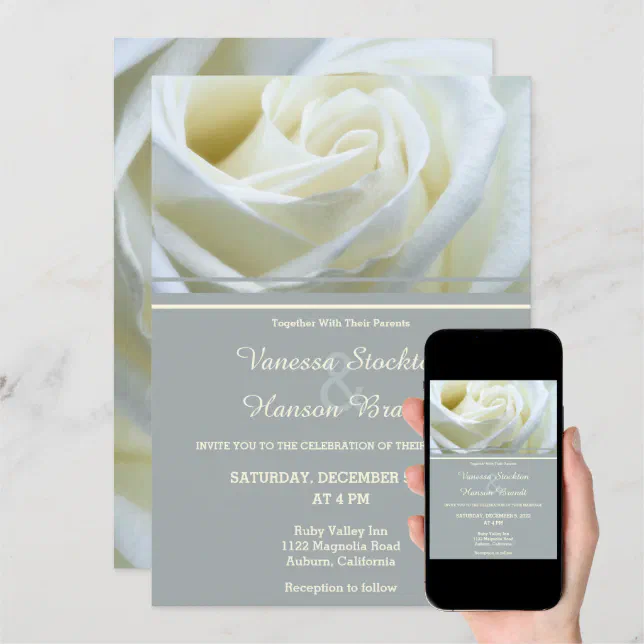 Modern White Rose Wedding Invitation | Zazzle