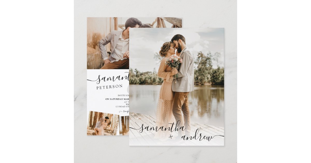 Modern white script 5 photos budget wedding | Zazzle