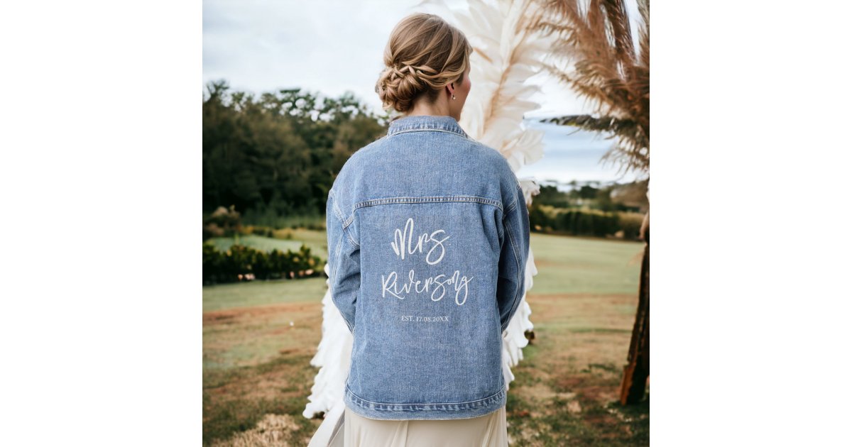 Modern white script calligraphy weddings Bride Denim Jacket | Zazzle