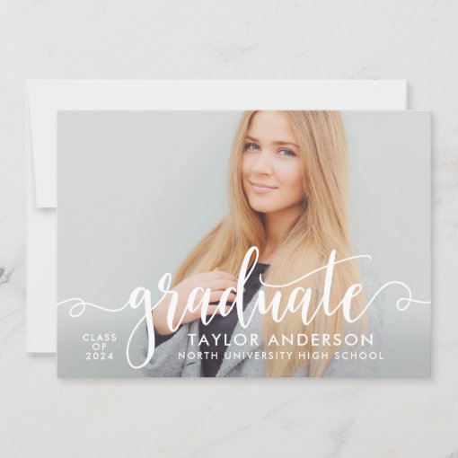 Modern White Script Graduate Photo Graduation Invitation | Zazzle