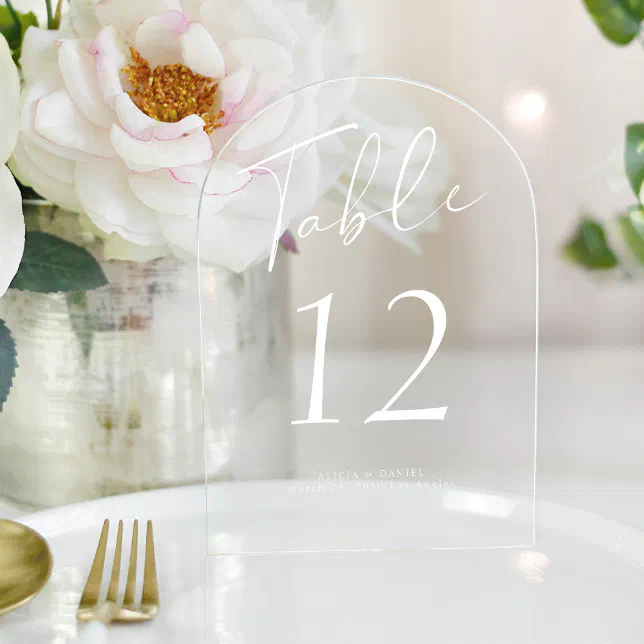 Modern white script wedding acrylic table number | Zazzle