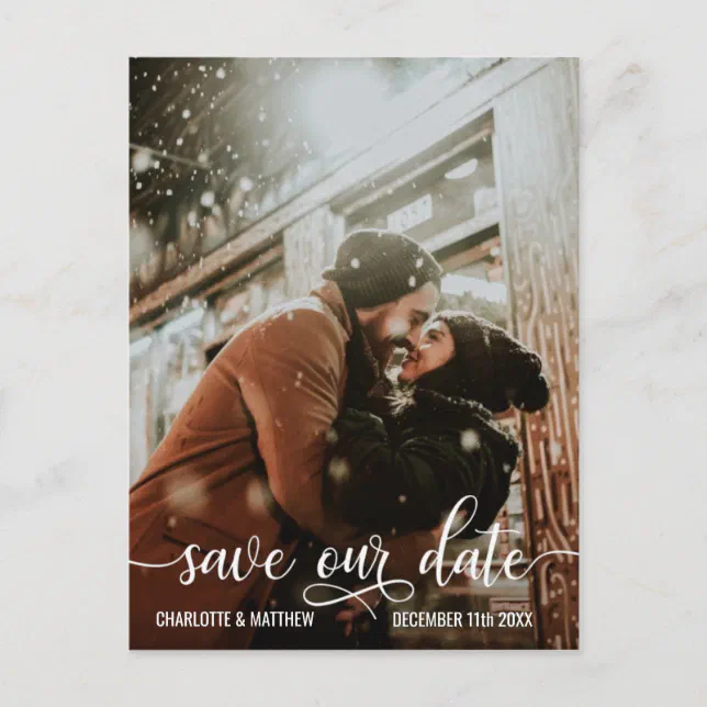 Modern White Script Wedding SAVE OUR DATE w/ PHOTO Announcement ...