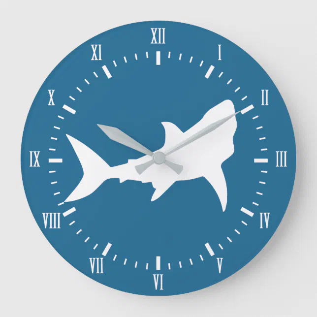Modern White Shark Silhouette & Blue Large Clock | Zazzle