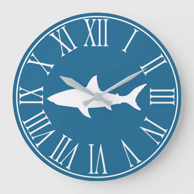 Modern White Shark Silhouette & Blue Large Clock | Zazzle