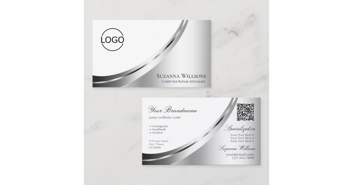 Modern White Silver Decor with Logo and QR Code Business Card | Zazzle