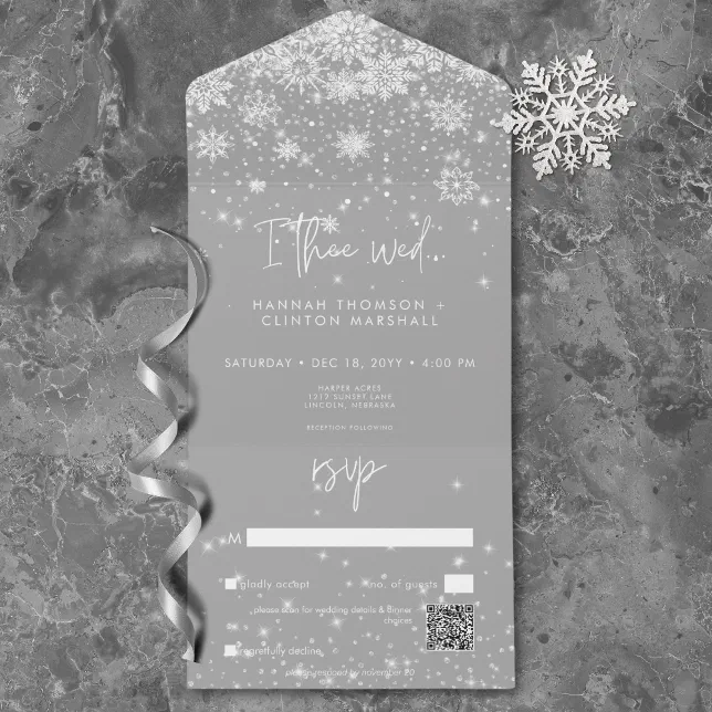 Modern White Sparkle Snowflakes Wedding QR Code All In One Invitation ...