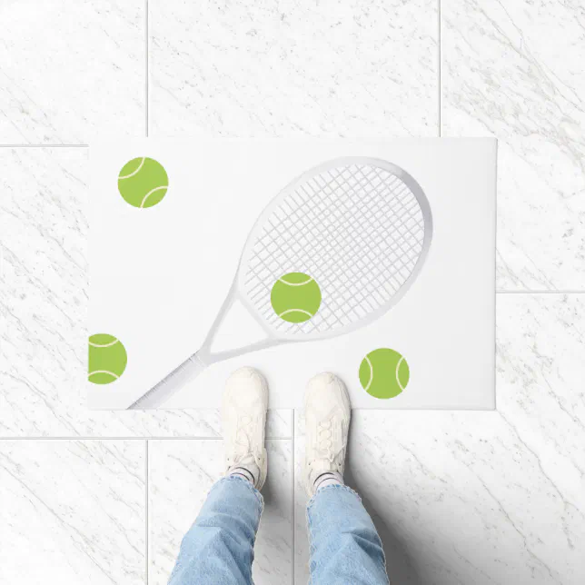 Modern White Tennis Racket Ball Rug Doormat | Zazzle