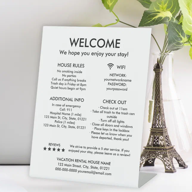 Modern White Vacation Rental House Rules Welcome Pedestal Sign | Zazzle