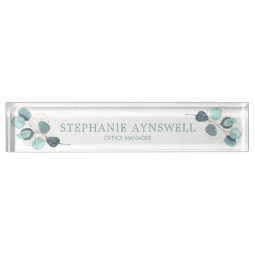 Modern White Watercolor Foliage Eucalyptus Desk Name Plate | Zazzle
