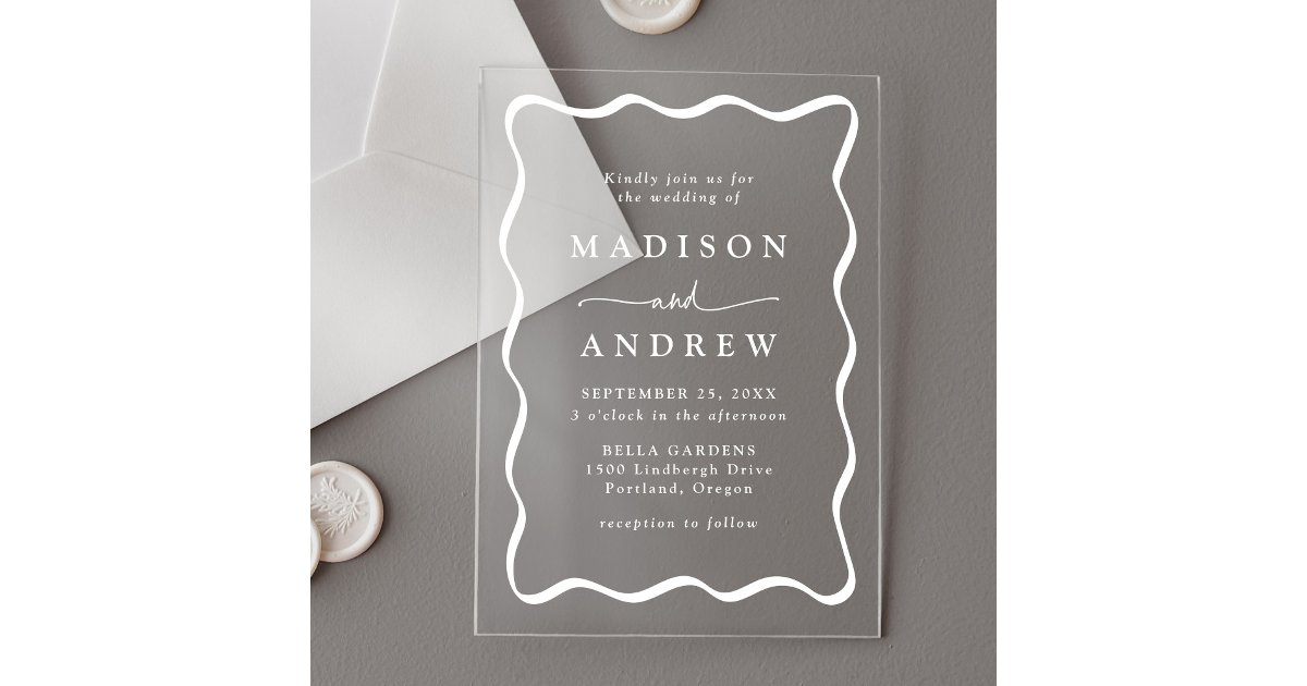 Modern White Wavy Frame Wedding Acrylic Invitations | Zazzle