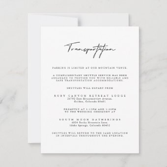 Modern White Wedding Transportation Enclosure Card | Zazzle