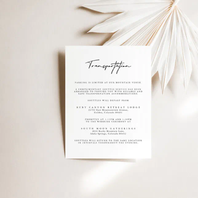 Modern White Wedding Transportation Enclosure Card | Zazzle
