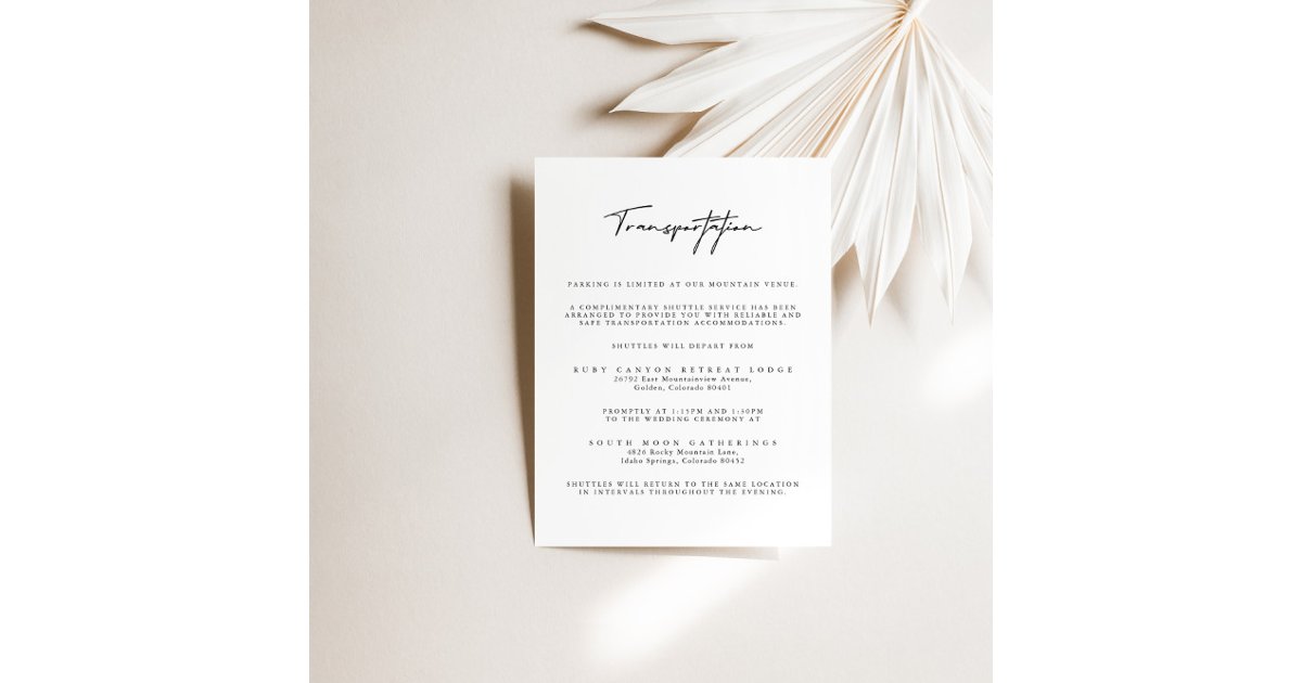 Modern White Wedding Transportation Enclosure Card | Zazzle