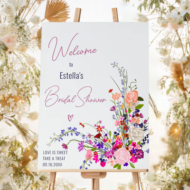 Modern wild flowers script bridal shower welcome foam board | Zazzle