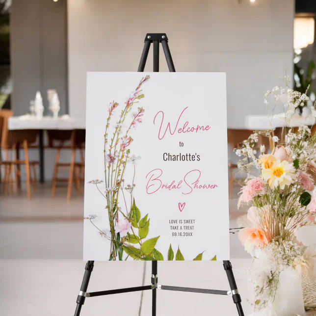 Modern wild flowers script bridal shower welcome foam board | Zazzle