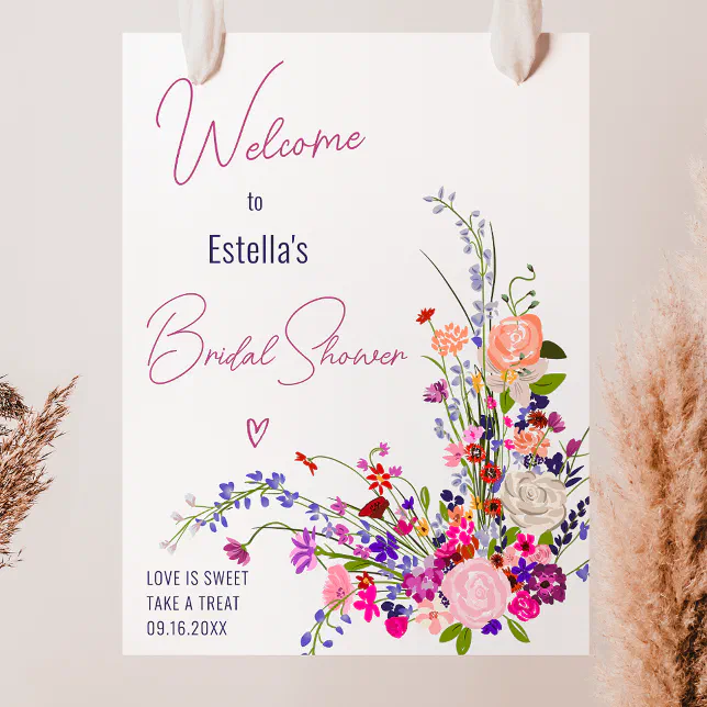 Modern wild flowers script bridal shower welcome poster | Zazzle