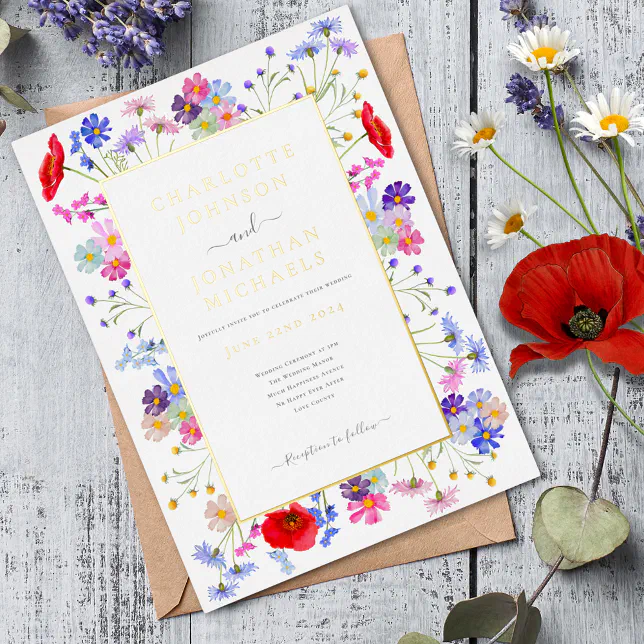 Modern Wildflower Watercolor Elegant Gold Wedding Foil Invitation | Zazzle