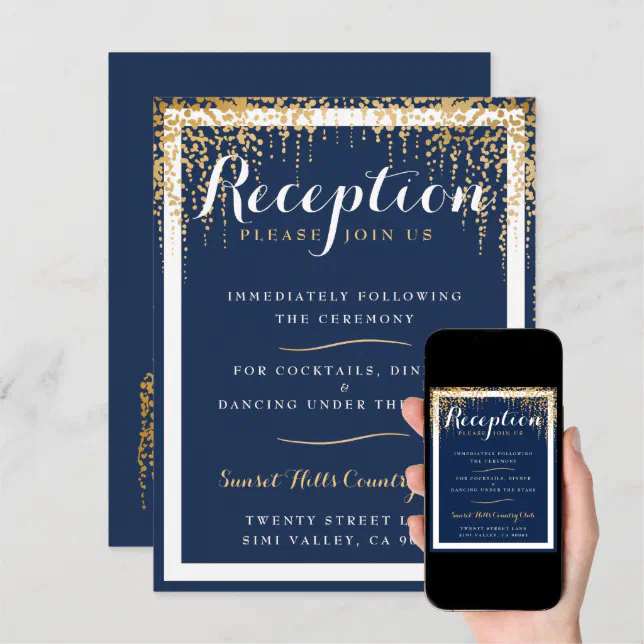 Modern Willow Tree Blue Gold Wedding Reception Invitation | Zazzle