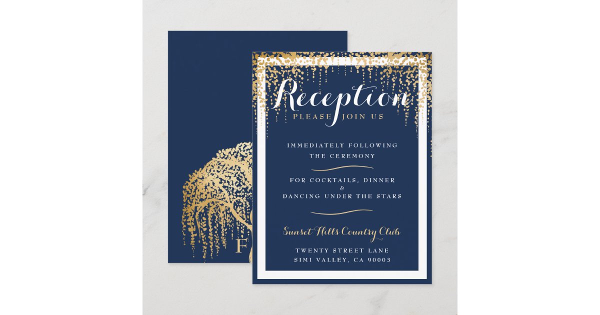 Modern Willow Tree Blue Gold Wedding Reception Invitation | Zazzle