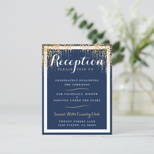 Modern Willow Tree Blue Gold Wedding Reception Invitation | Zazzle