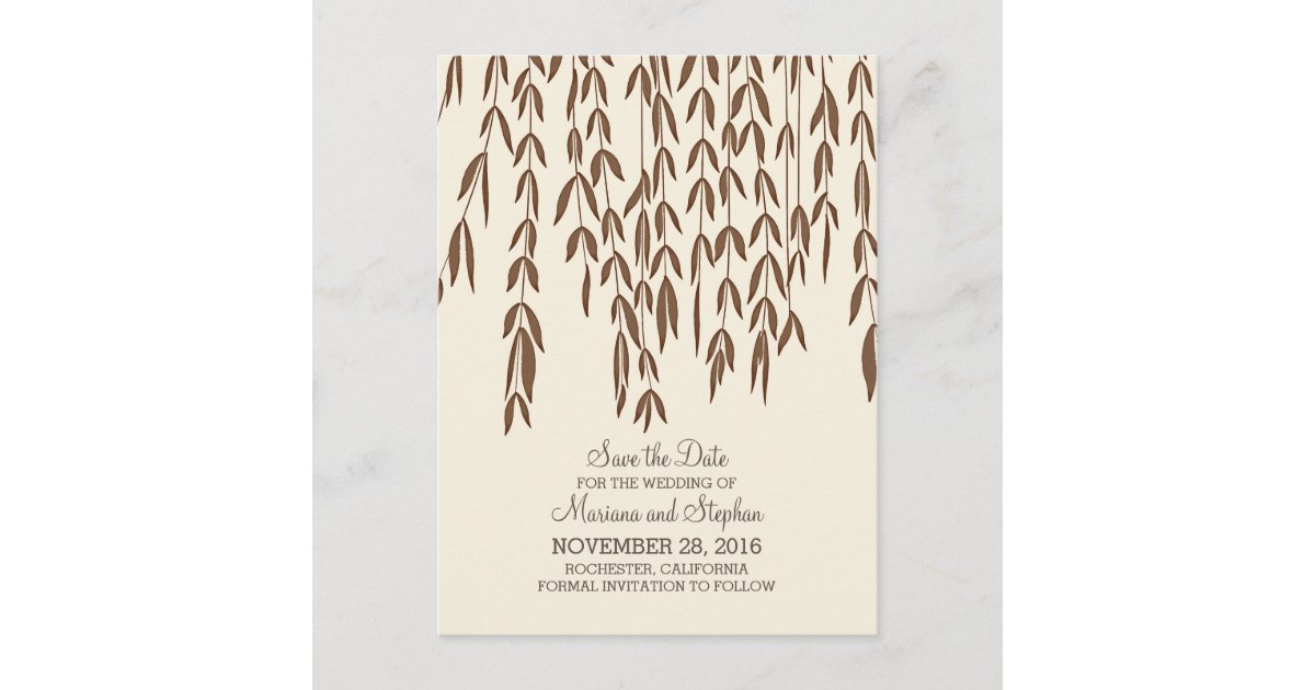modern willow tree branches elegant save the date announcement postcard ...
