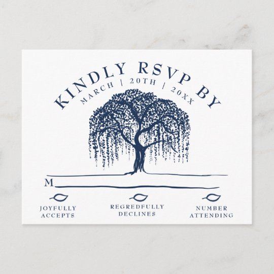 Modern Willow Tree Navy Blue Wedding RSVP Postcard | Zazzle.com