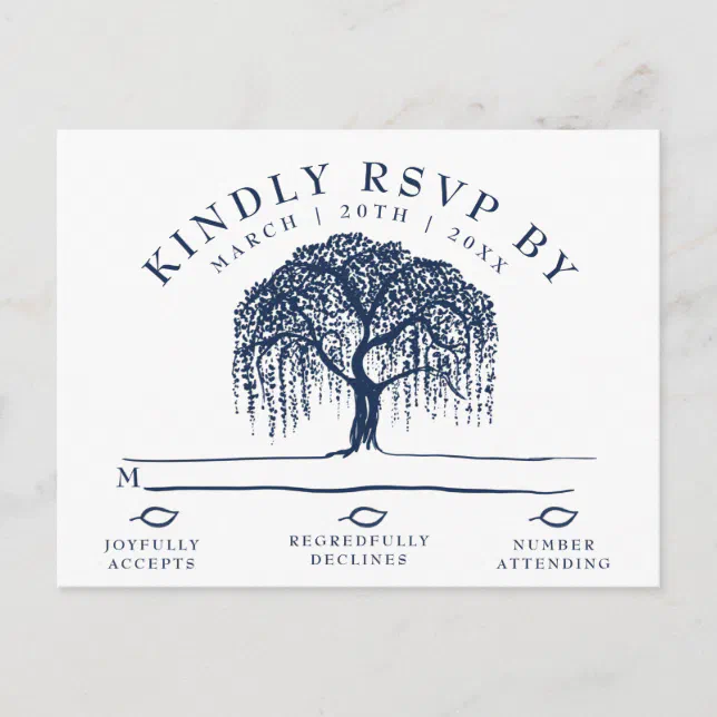 Modern Willow Tree Navy Blue Wedding RSVP Postcard | Zazzle